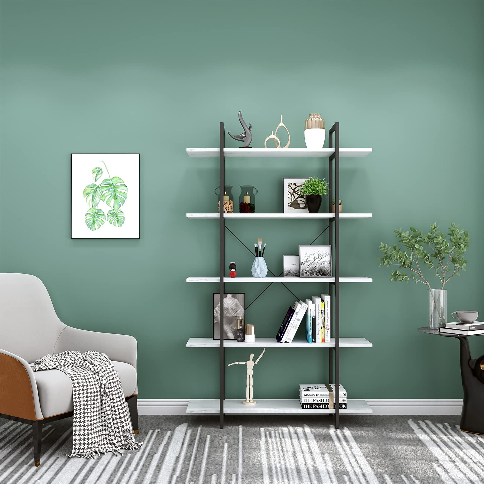 IOTXY 5-Tier Open Shelf Bookcase - Modern Freestanding Wooden Display Stand Unit with Metal Frame for Home and Office, Bookshelf, Black White