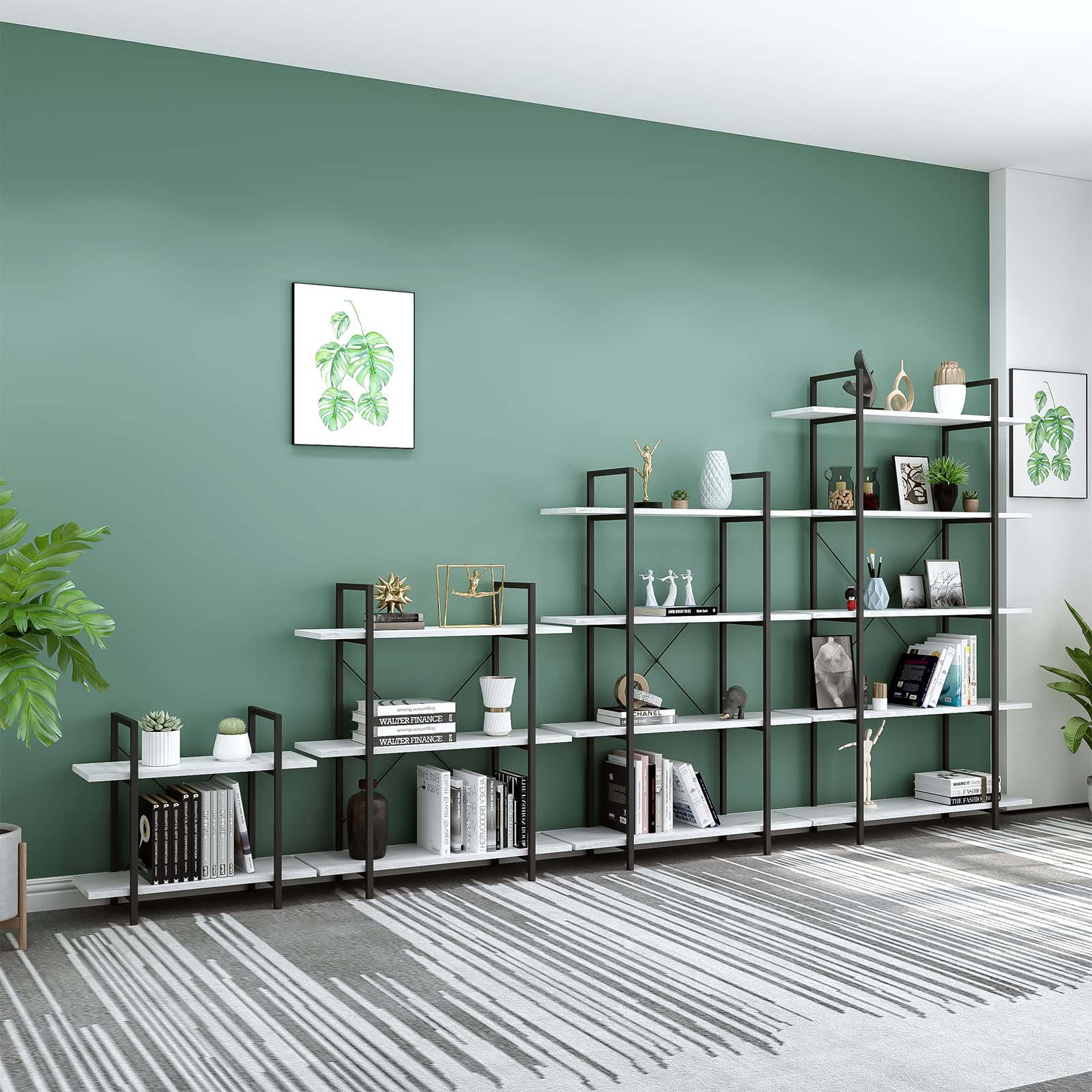 IOTXY 5-Tier Open Shelf Bookcase - Modern Freestanding Wooden Display Stand Unit with Metal Frame for Home and Office, Bookshelf, Black White