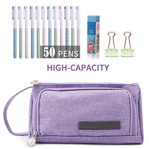 Pencil Case, Yloves Big Capacity Pen Pencil Bag Pouch Box Organizer Holder with 2 PCS Index Tabs for School Office (Purple)