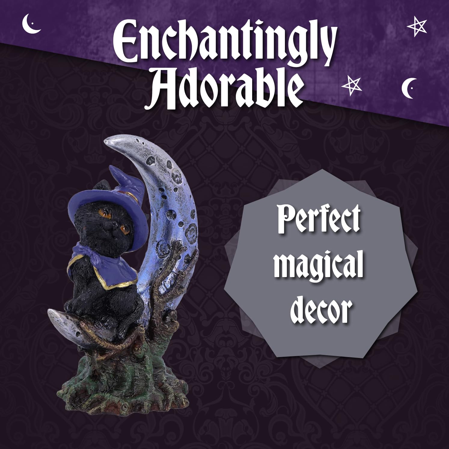 Nemesis Now Sooky Witches Cat Familiar Figurine in Purple Crescent Moon, Hand-Painted Resin Gothic Decor, Gift for Witches, 11.5cm