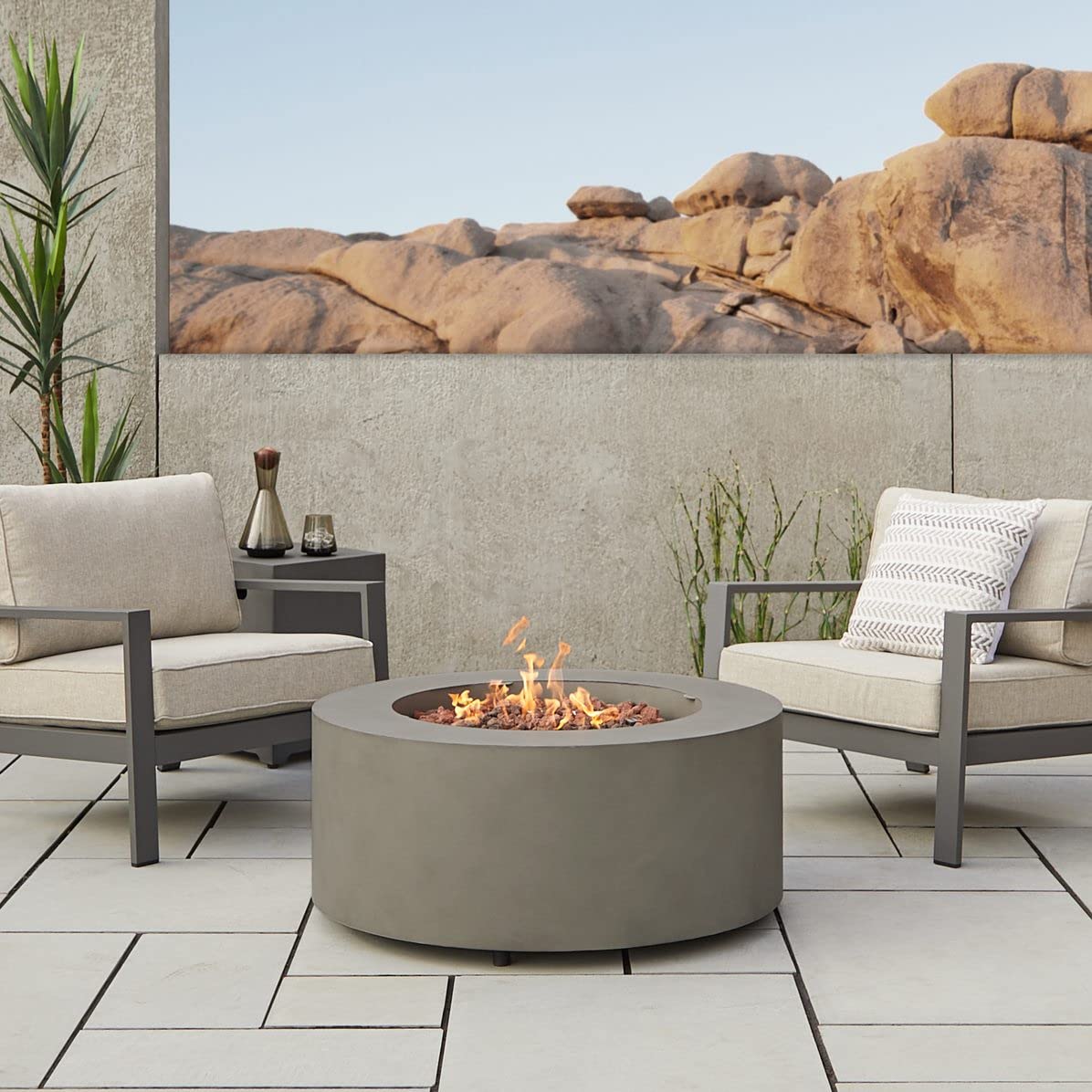 Real Flame Aegean Round Propane Fire Table for Outdoors in Mist Gray with Natural Gas Conversion Kit, Lid and Storage Cover - Durable Gray Fire Pit