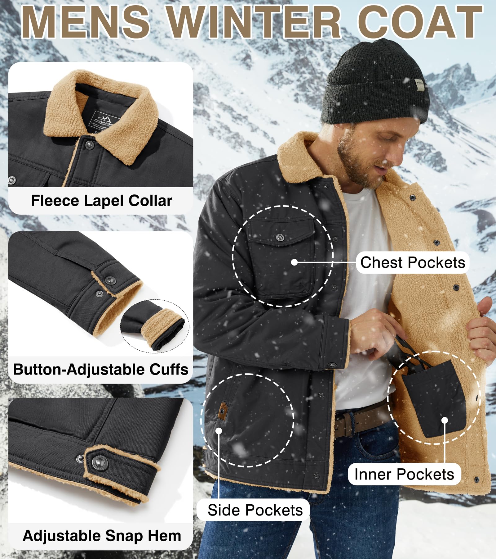 EKLENTSON Men's Cold Weather Winter Jacket - Insulated Snow Jacket for Hunting & Fall, Grey, Medium