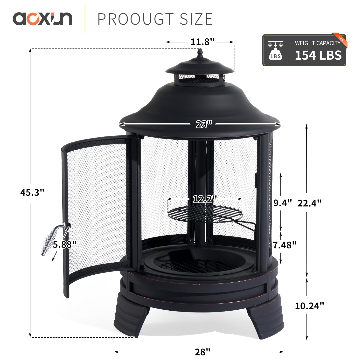 Aoxun Fire Pit Chiminea, 2 in 1 Fire Pit for Outdoor, 28'' x 45'' Large Chiminea Fireplace with Mesh Spark Screen Doors, Outside Wood Burning Fire Pit for Patio, Lawn, Backyard