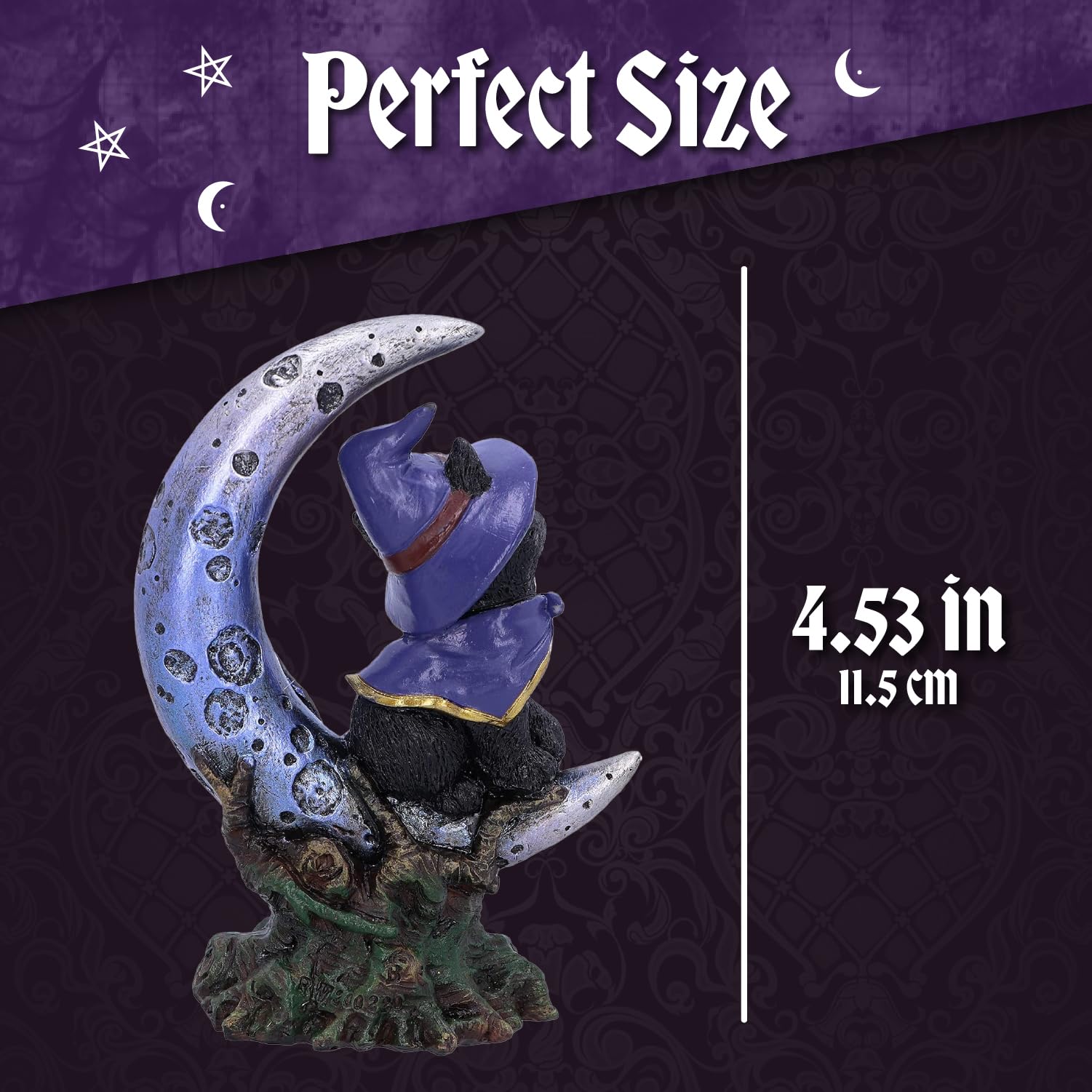 Nemesis Now Sooky Witches Cat Familiar Figurine in Purple Crescent Moon, Hand-Painted Resin Gothic Decor, Gift for Witches, 11.5cm