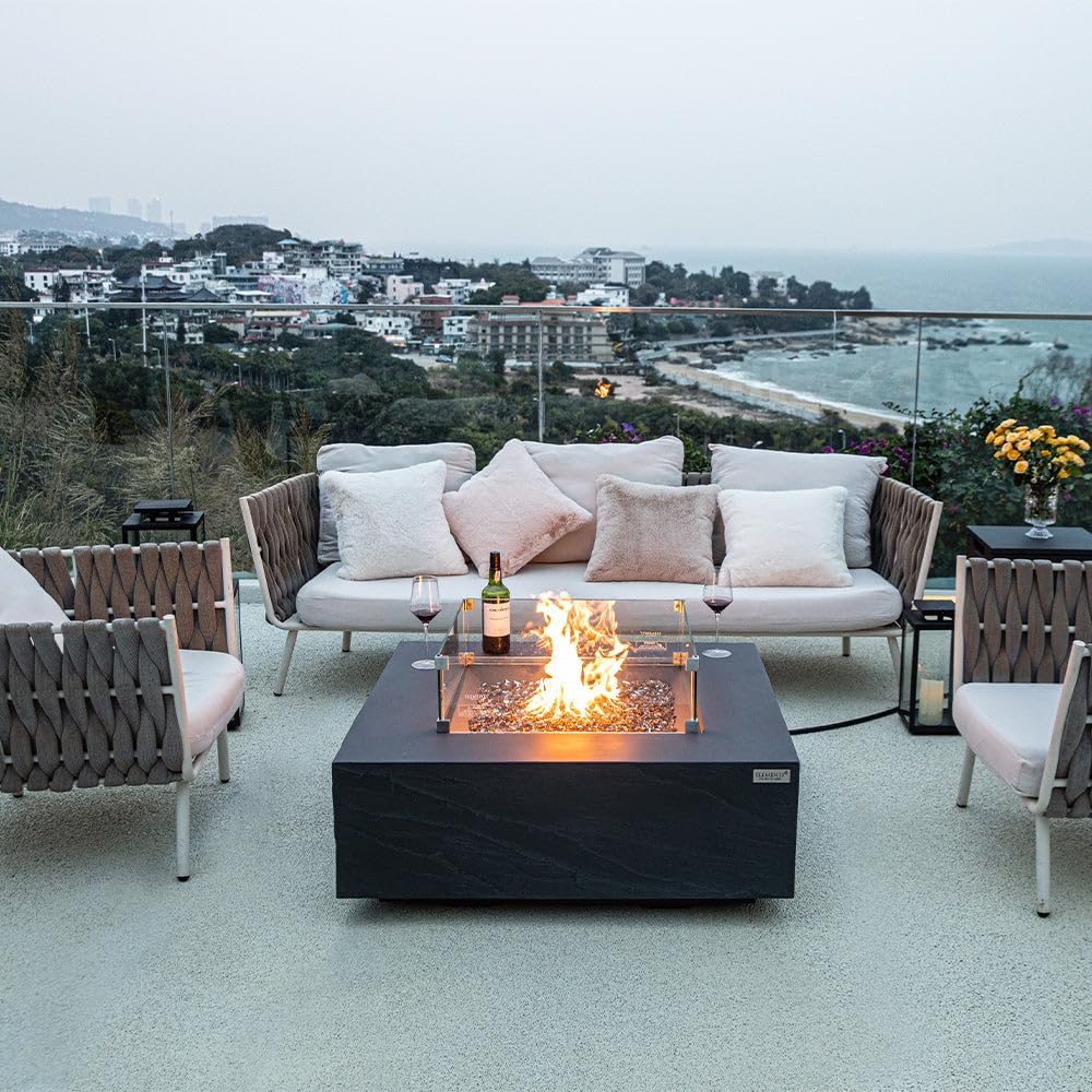 Roraima Concrete Fire Pit 40" x 40" Outdoor Patio Firepit Includes Fire Glass Modern Fire Pits & Outdoor Fireplaces for Garden, Deck, Indoor & Outdoor Heating