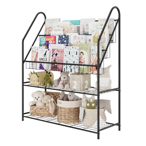 Emiosmt Black Bookcase for Children Metal Kids Bookshelves Modern Minimalist Toy Storage Large Bookshelf for Bookstore Bedroom, Classroom Furniture, Living, Library, Book Display Rack