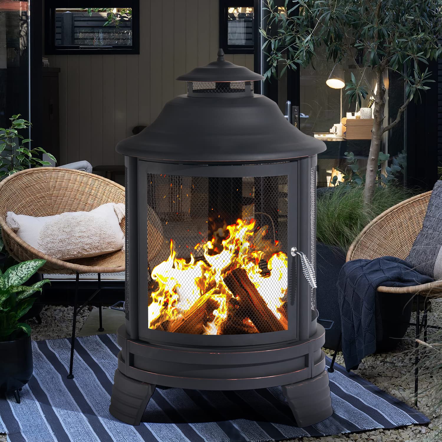 Aoxun Fire Pit Chiminea, 2 in 1 Fire Pit for Outdoor, 28'' x 45'' Large Chiminea Fireplace with Mesh Spark Screen Doors, Outside Wood Burning Fire Pit for Patio, Lawn, Backyard