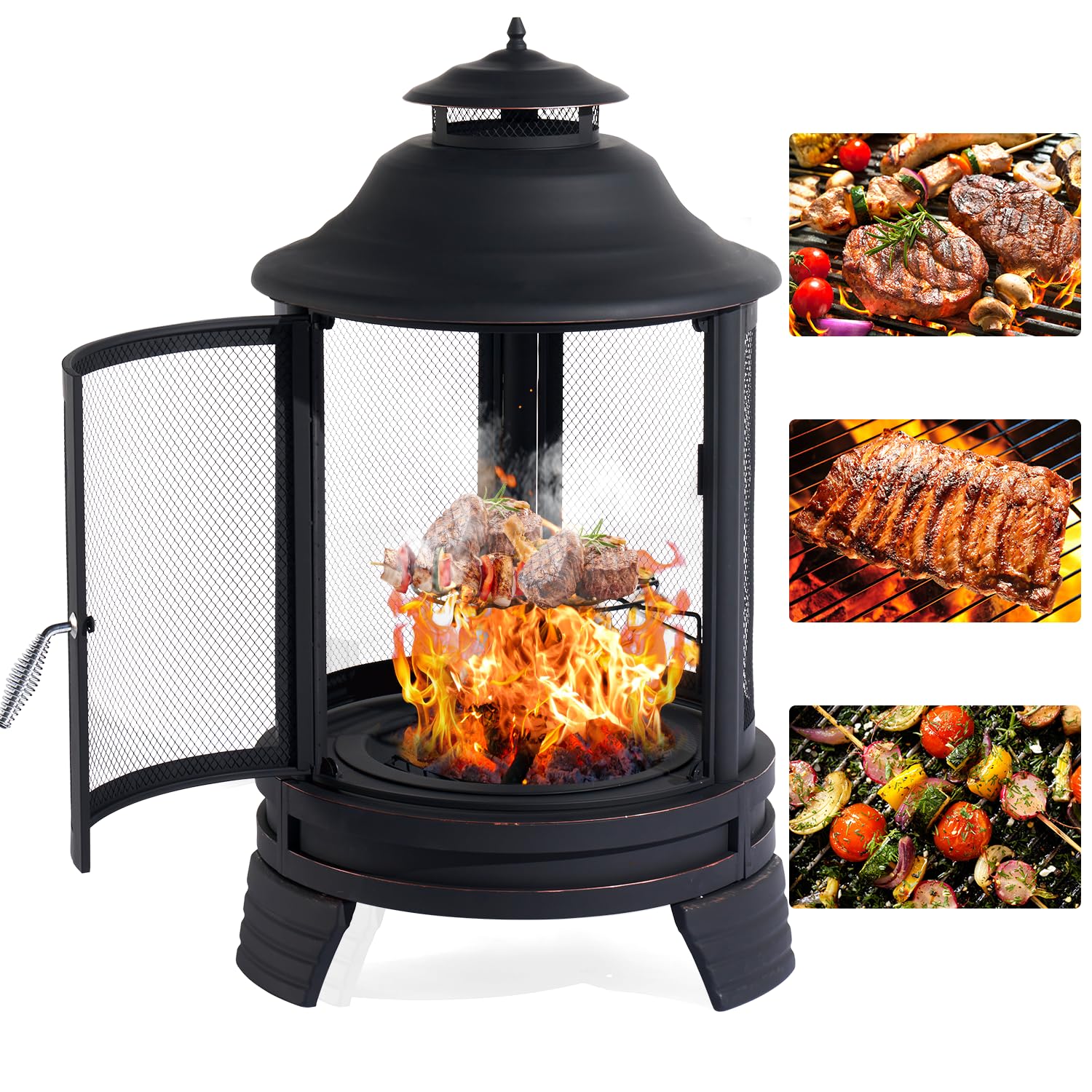 Aoxun Fire Pit Chiminea, 2 in 1 Fire Pit for Outdoor, 28'' x 45'' Large Chiminea Fireplace with Mesh Spark Screen Doors, Outside Wood Burning Fire Pit for Patio, Lawn, Backyard
