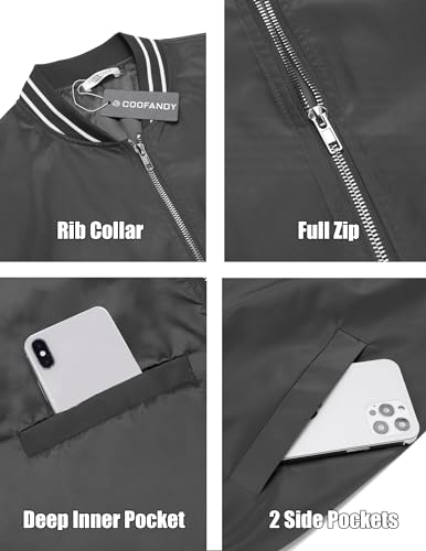 COOFANDY Mens Casual Light Jacket Grey Bomber Jacket Winter Vintage Coat with Inner Pocket Grey