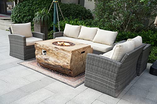 AbrihomeĀ® Propane Gas Fire Pit Table with Wood-Like Style, Gas Storage Firepit Table with Lid, Glass Fire Stones and Waterproof Cover, for Outdoor, Patio, Courtyard, Garden (Natural)