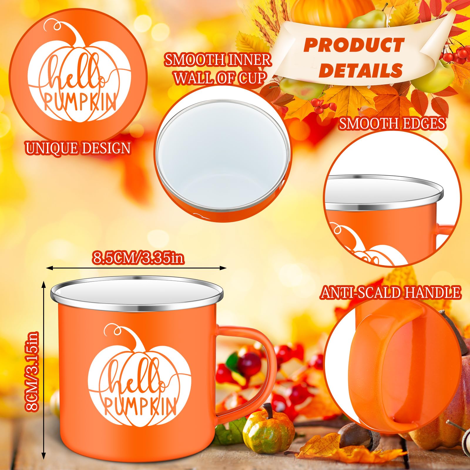 Suttmin 9 Pcs Fall Coffee Mugs Thanksgiving Enamel Mug Pumpkin Autumn Cup Hello Fall Give Thanks Sign 12 oz Camping Tea Orange White Cup Decor for Halloween Party (Pumpkin)