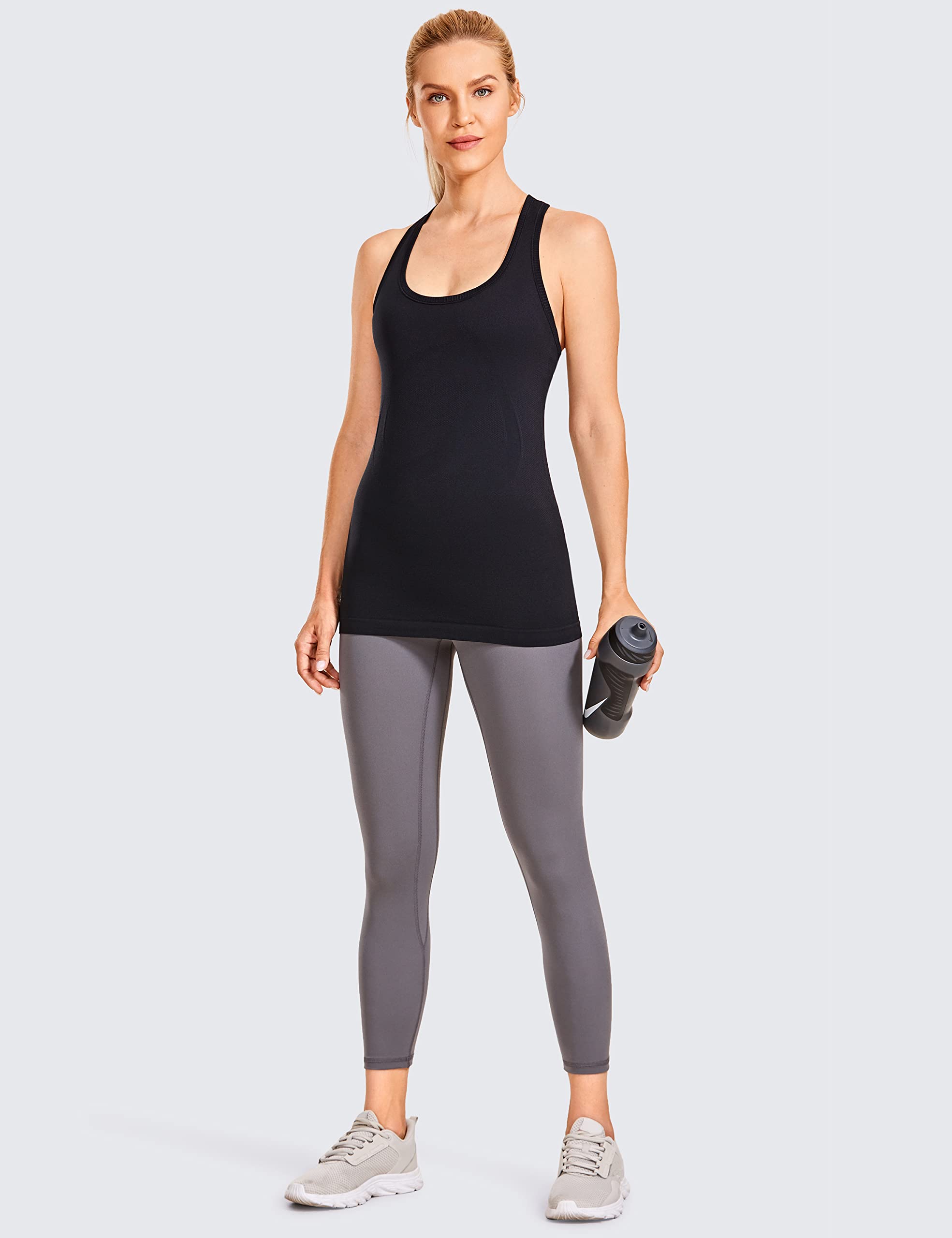 CRZ YOGA Women's Active Seamless Workout Tank Tops Racerback Athletic Running Yoga Gym Shirts Long Length Black Small