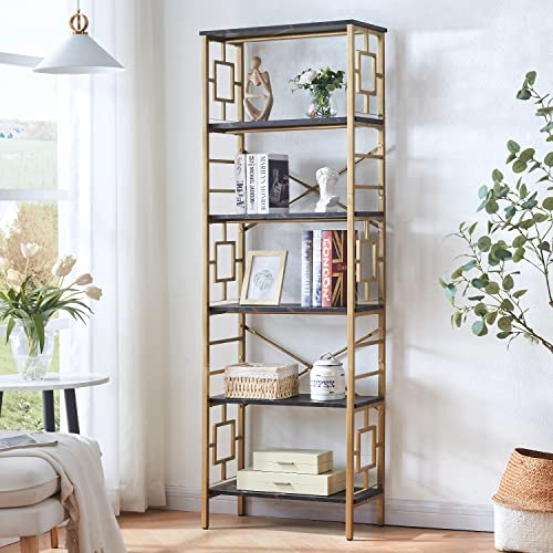 HOMISSUE Bookcase,6-Tier Tall Bookshelf Metal Bookcase and Bookshelves, Free Standing Storage Modern Bookshelf for Home Office Living Room and Bedroom, Black & Gold