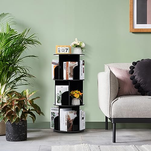 DOEWORKS 3 Tier 360 Heavy Duty Rotation Display Bookcase, Rotating Stackable Bookshelf Organizer Storage Display Rack for Home Office, Black