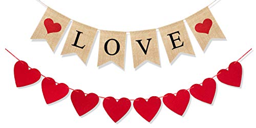 Uniwish Love Burlap Banner Valentines Day Decorations Garland Hearts Hanging Ornaments Wedding Engagement Anniversary Photo Props Indoor Outdoor Valentines Decor