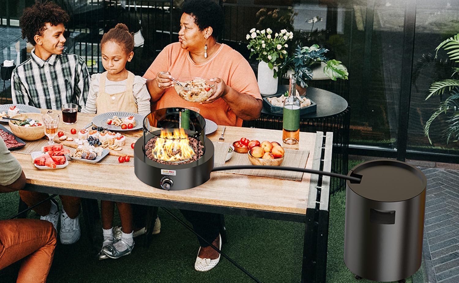 Onlyfire Premium Detachable Fire Pit with Lava Rocks, Glass Wind Guard & Wheels, Smokeless Propane Gas Fireplace with Tank Storage Chamber & 5FT Hose for Patio Backyard Outdoor Restaurant, 24000BTU
