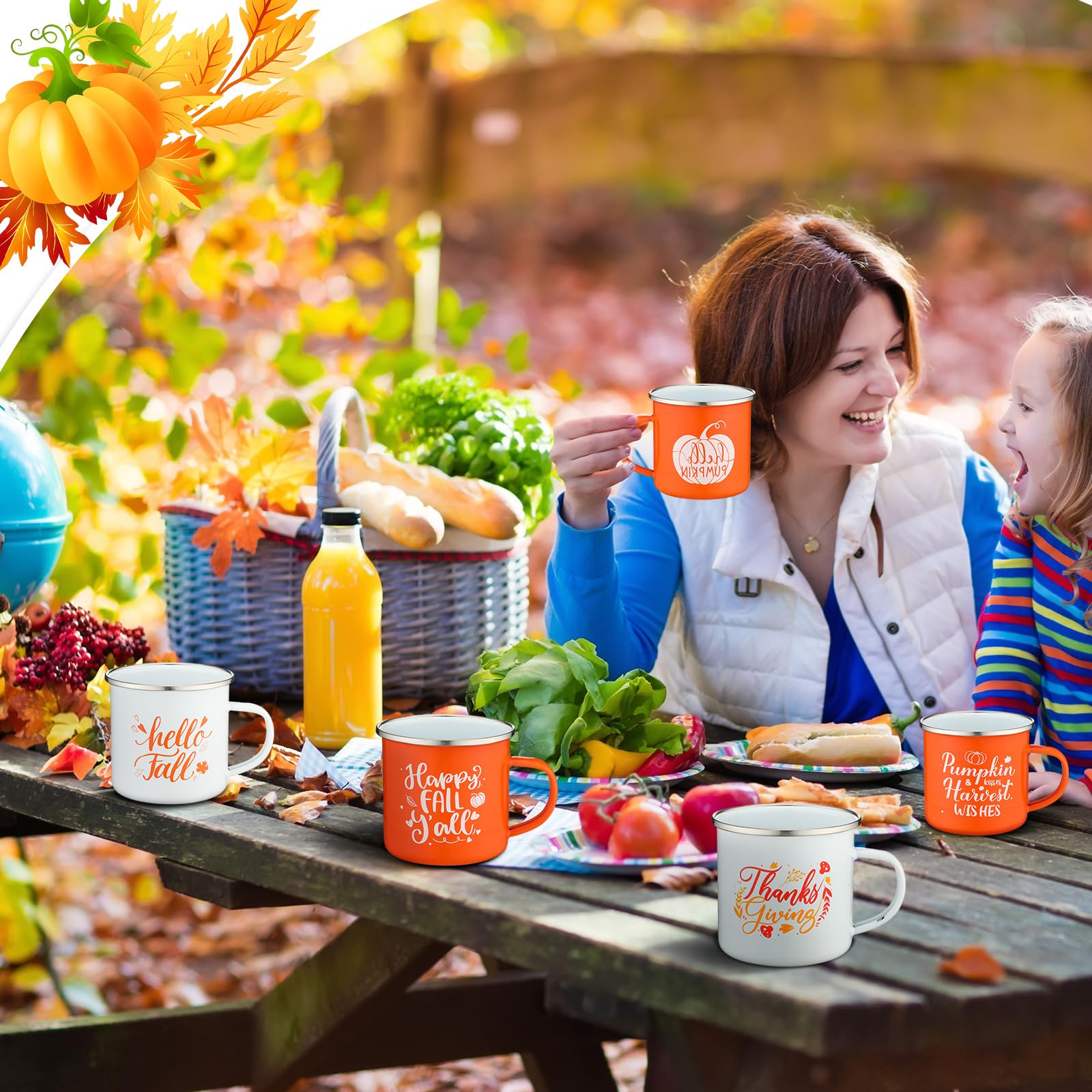 Suttmin 9 Pcs Fall Coffee Mugs Thanksgiving Enamel Mug Pumpkin Autumn Cup Hello Fall Give Thanks Sign 12 oz Camping Tea Orange White Cup Decor for Halloween Party (Pumpkin)