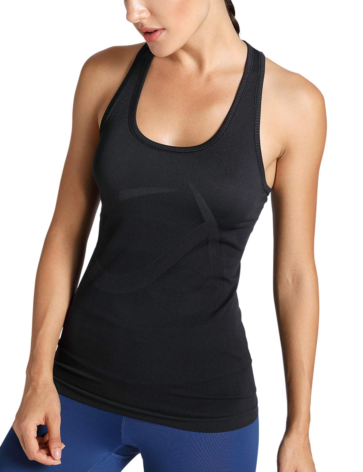 CRZ YOGA Women's Active Seamless Workout Tank Tops Racerback Athletic Running Yoga Gym Shirts Long Length Black Small