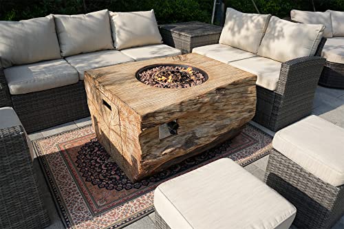 Abrihome® Propane Gas Fire Pit Table with Wood-Like Style, Gas Storage Firepit Table with Lid, Glass Fire Stones and Waterproof Cover, for Outdoor, Patio, Courtyard, Garden (Natural)