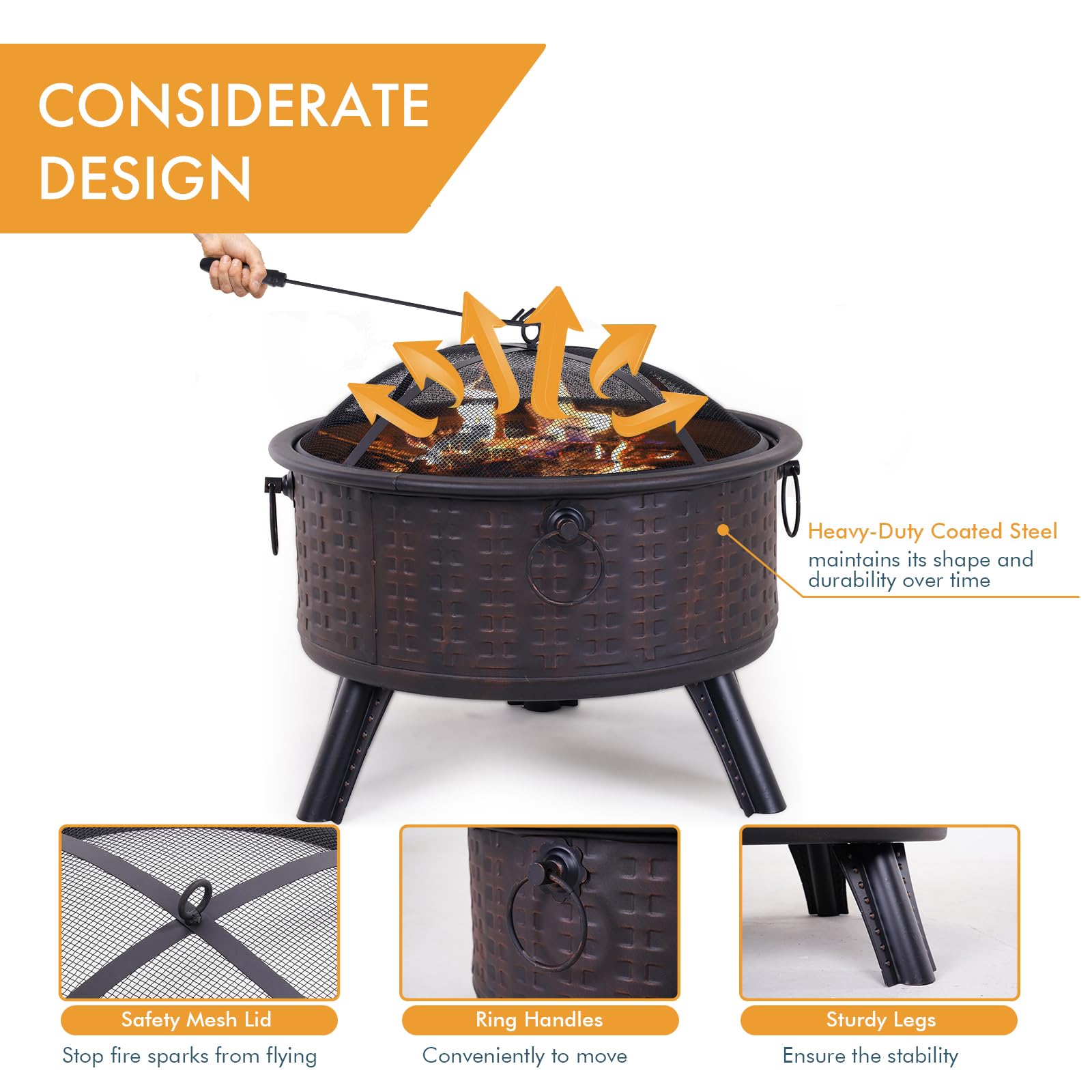 Fire Pit, Portable Firepits for Outside Patio, Outdoor Wood Burning Fire Pits 26" Small Round Steel Fireplace Clearance for Backyard Garden Bonfire Camping…