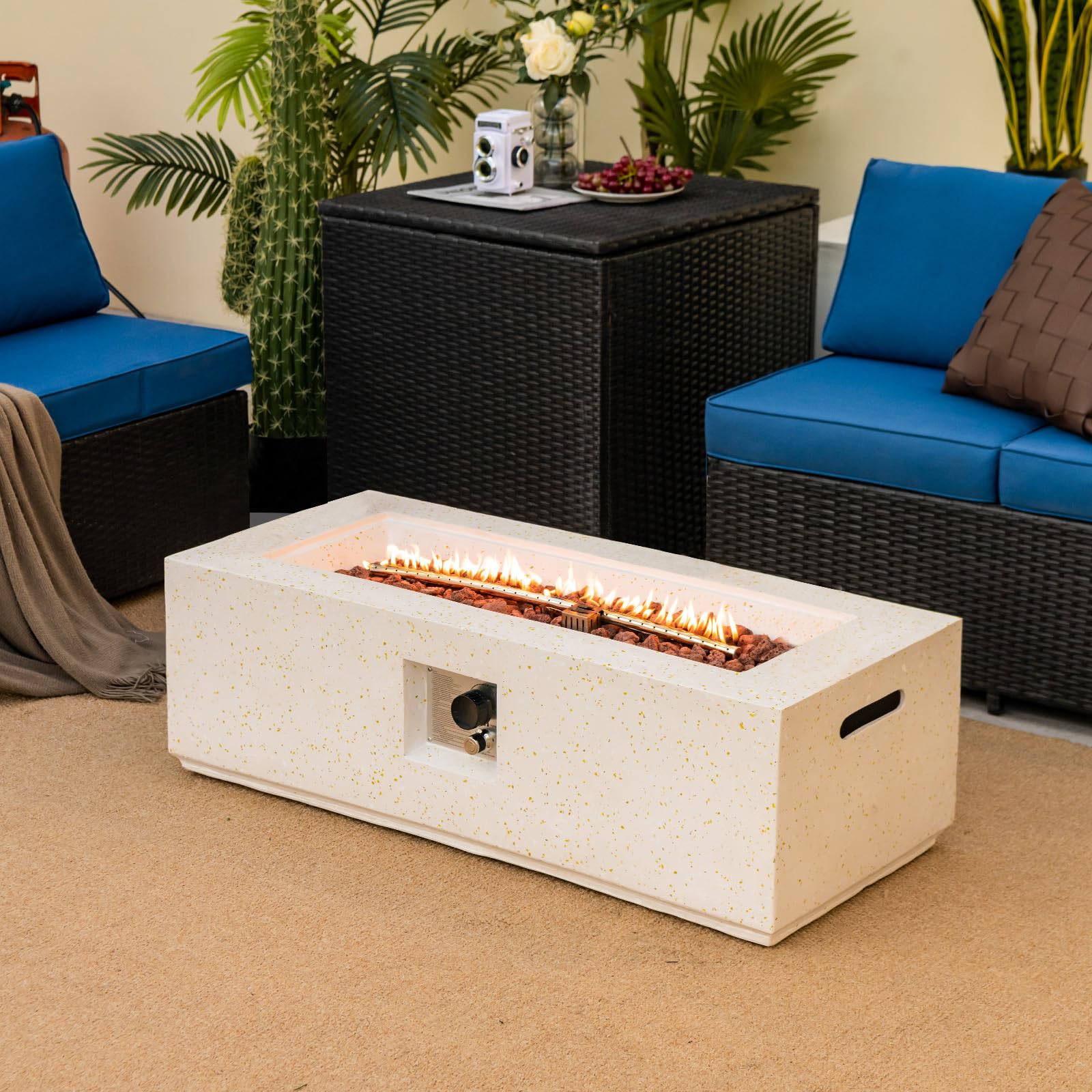 Tangkula 50,000 BTU Outdoor Fire Pit Table, 42" Rectangle Terrazzo Propane Gas Fire Table with Auto-Ignition, Stainless Steel Burner, Lava Rocks & Rain Cover for Patio Backyard Poolside, CSA Certified