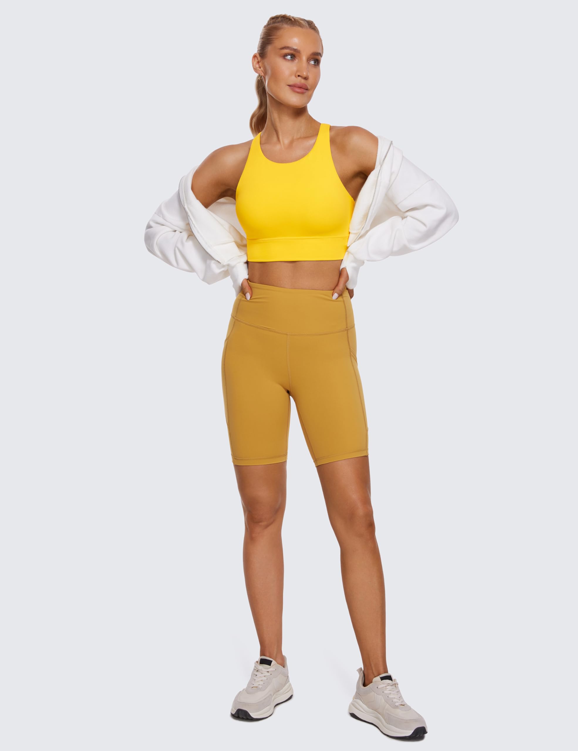 CRZ YOGA Womens Butterluxe Strappy High Neck Longline Sports Bra - Wireless Criss Cross Back Padded Workout Cropped Top High Visibility Yellow Medium