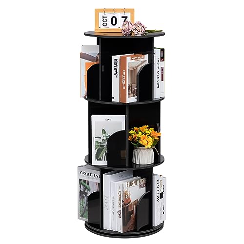 DOEWORKS 3 Tier 360 Heavy Duty Rotation Display Bookcase, Rotating Stackable Bookshelf Organizer Storage Display Rack for Home Office, Black