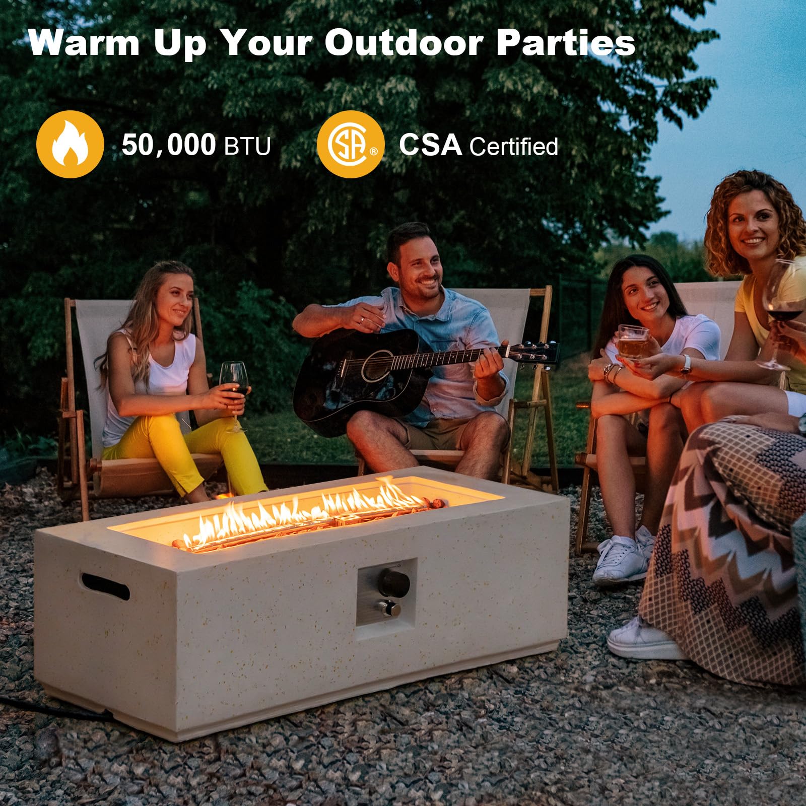 Tangkula 50,000 BTU Outdoor Fire Pit Table, 42" Rectangle Terrazzo Propane Gas Fire Table with Auto-Ignition, Stainless Steel Burner, Lava Rocks & Rain Cover for Patio Backyard Poolside, CSA Certified
