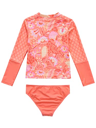 BIKINX Girls Rash Guard 7-8t 2 Piece Swimsuit Set Long Sleeve Floral Print Bikini with UPF 50+ Sun Protection Tankini Orange Flowers