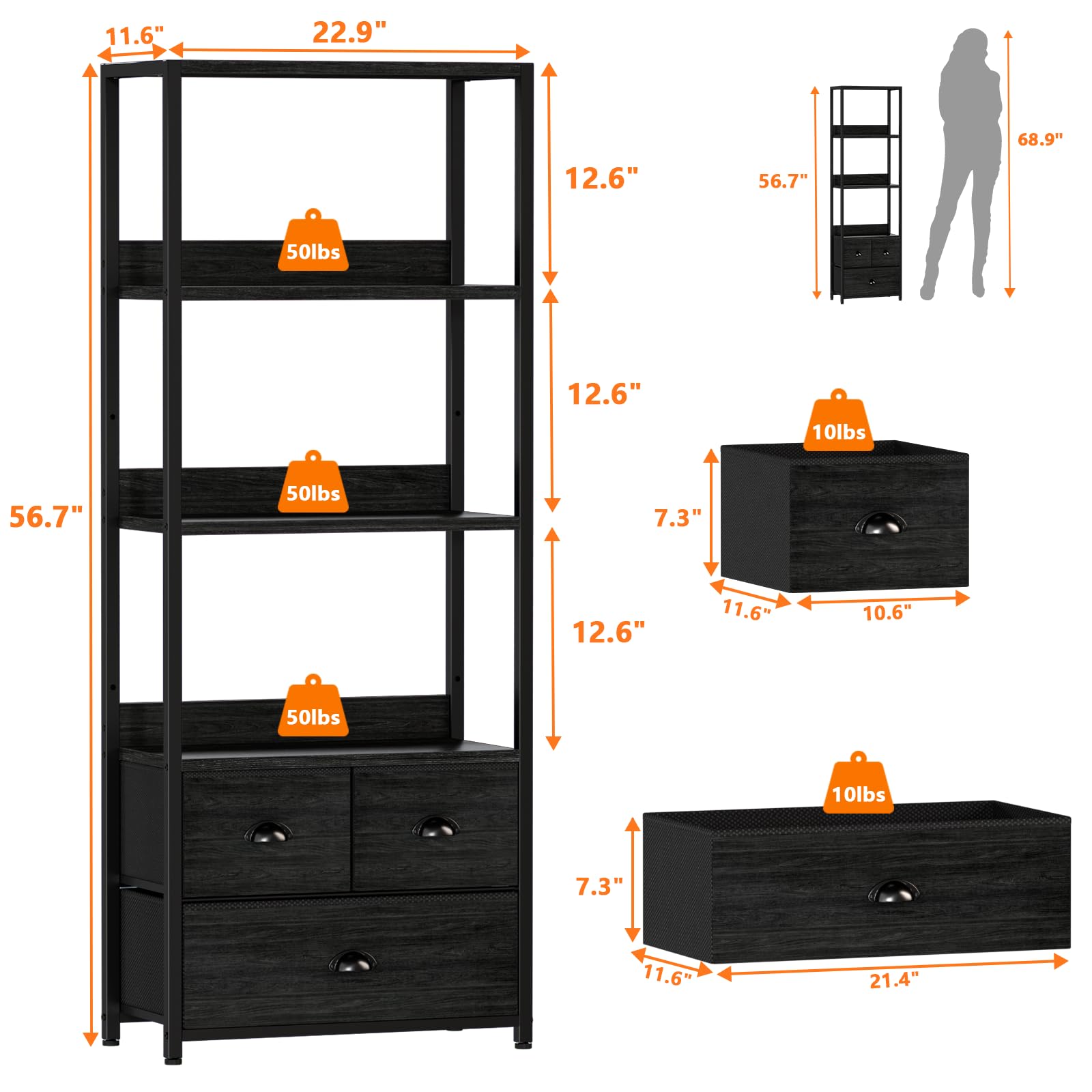 Furnulem Bookshelf with 3 Fabric Drawers and 4-Tier Shelves, 59" Tall Bookcase Storage Rack, Freestanding Shelf Organizer Unit for Office,Living Room,Kitchen,Bedroom(Black Oak)