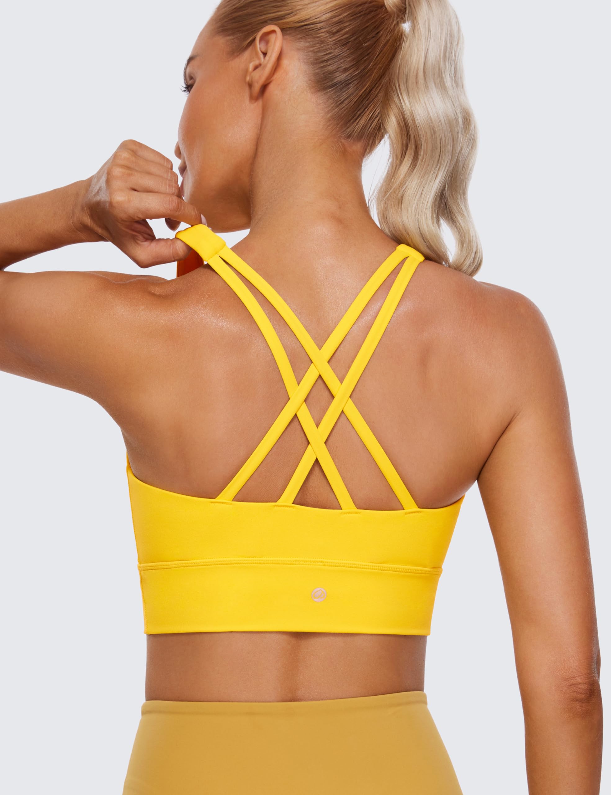 CRZ YOGA Womens Butterluxe Strappy High Neck Longline Sports Bra - Wireless Criss Cross Back Padded Workout Cropped Top High Visibility Yellow Medium