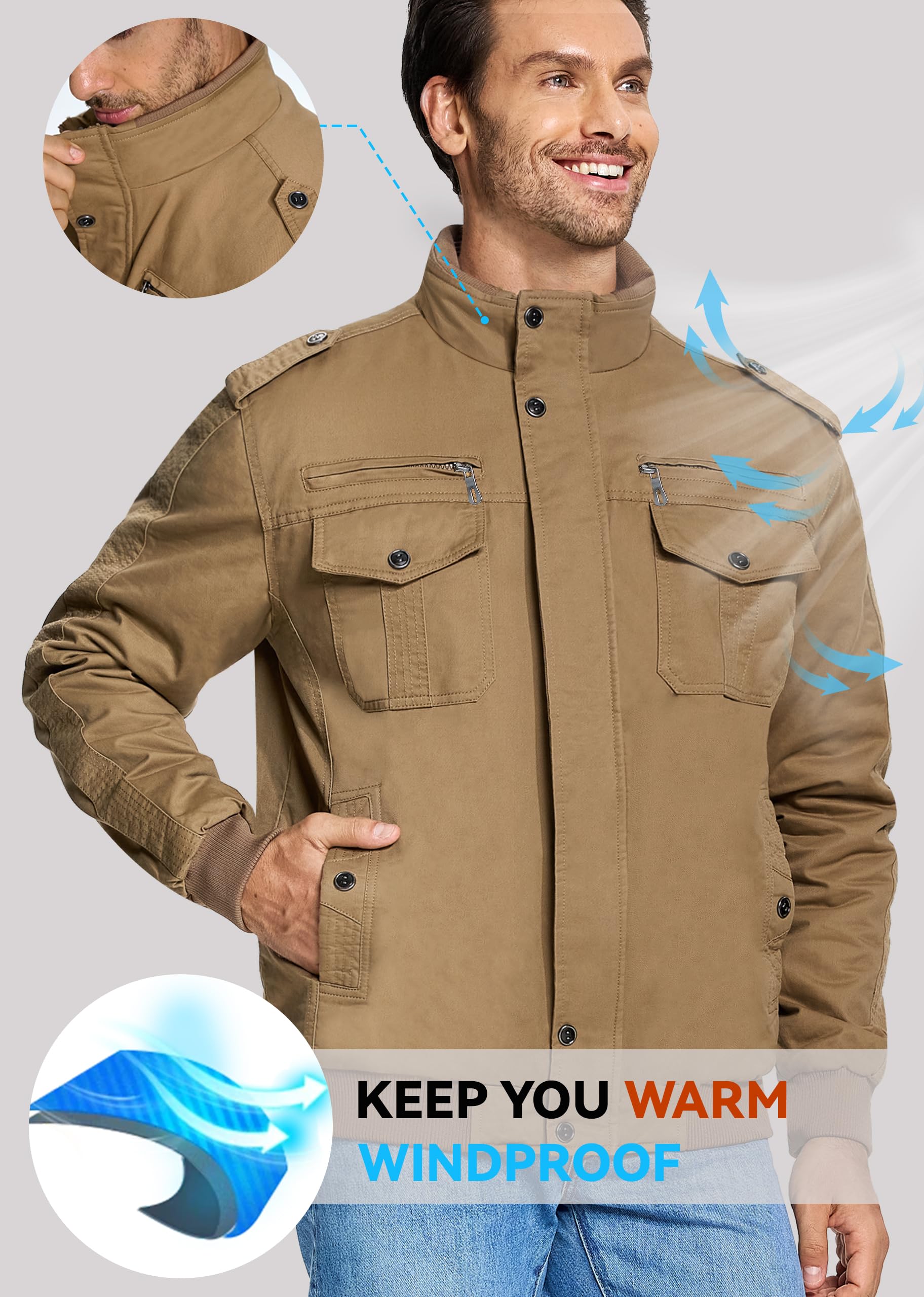 EKLENTSON Men's Warm Winter Coat, Khaki, X-Large