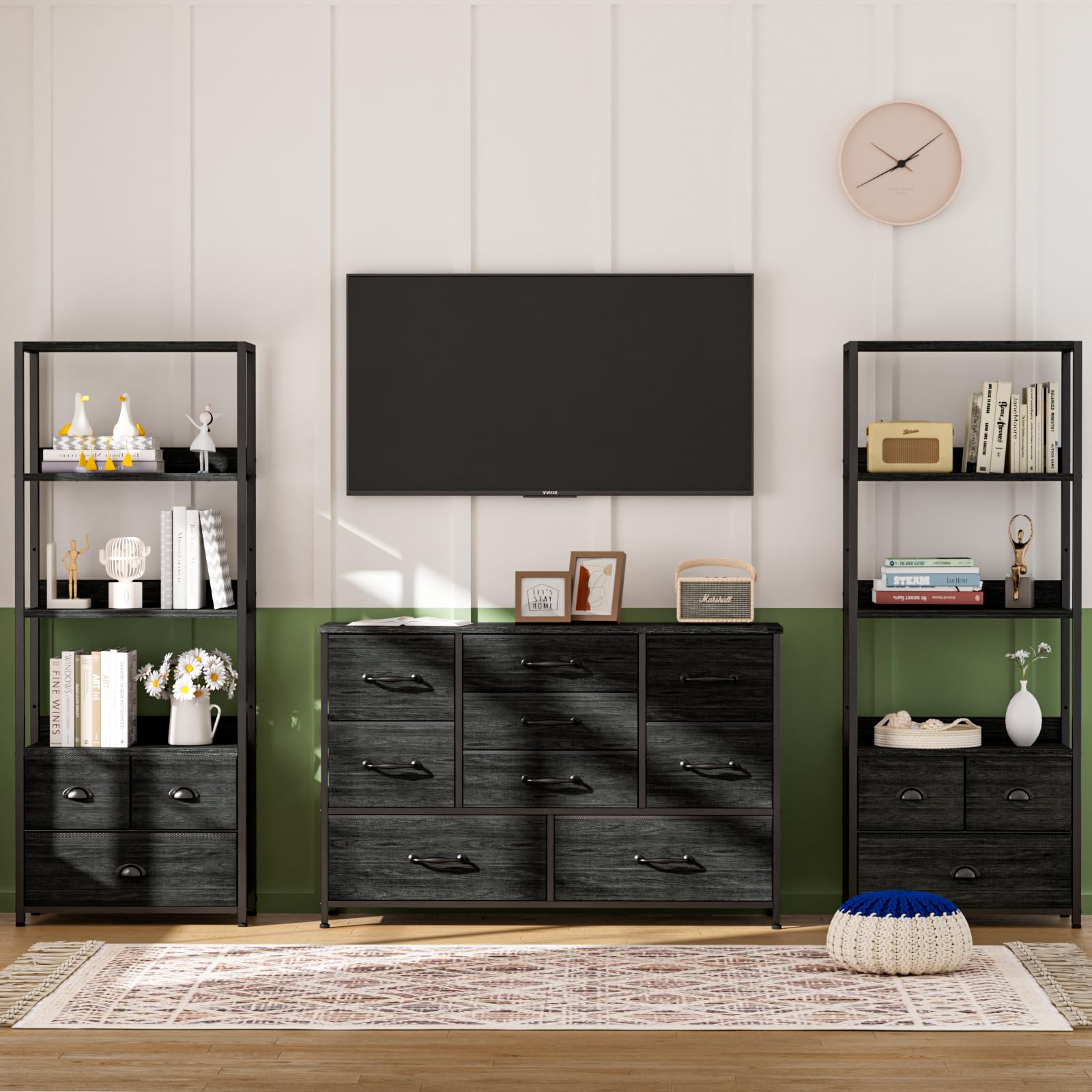 Furnulem Bookshelf with 3 Fabric Drawers and 4-Tier Shelves, 59" Tall Bookcase Storage Rack, Freestanding Shelf Organizer Unit for Office,Living Room,Kitchen,Bedroom(Black Oak)
