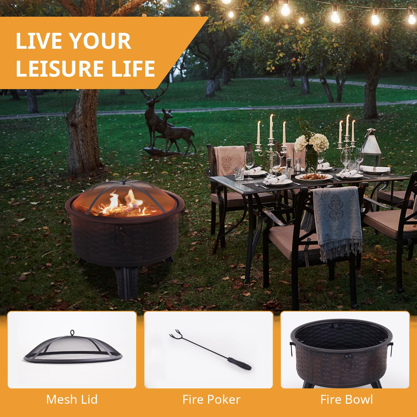 Fire Pit, Portable Firepits for Outside Patio, Outdoor Wood Burning Fire Pits 26" Small Round Steel Fireplace Clearance for Backyard Garden Bonfire Camping…