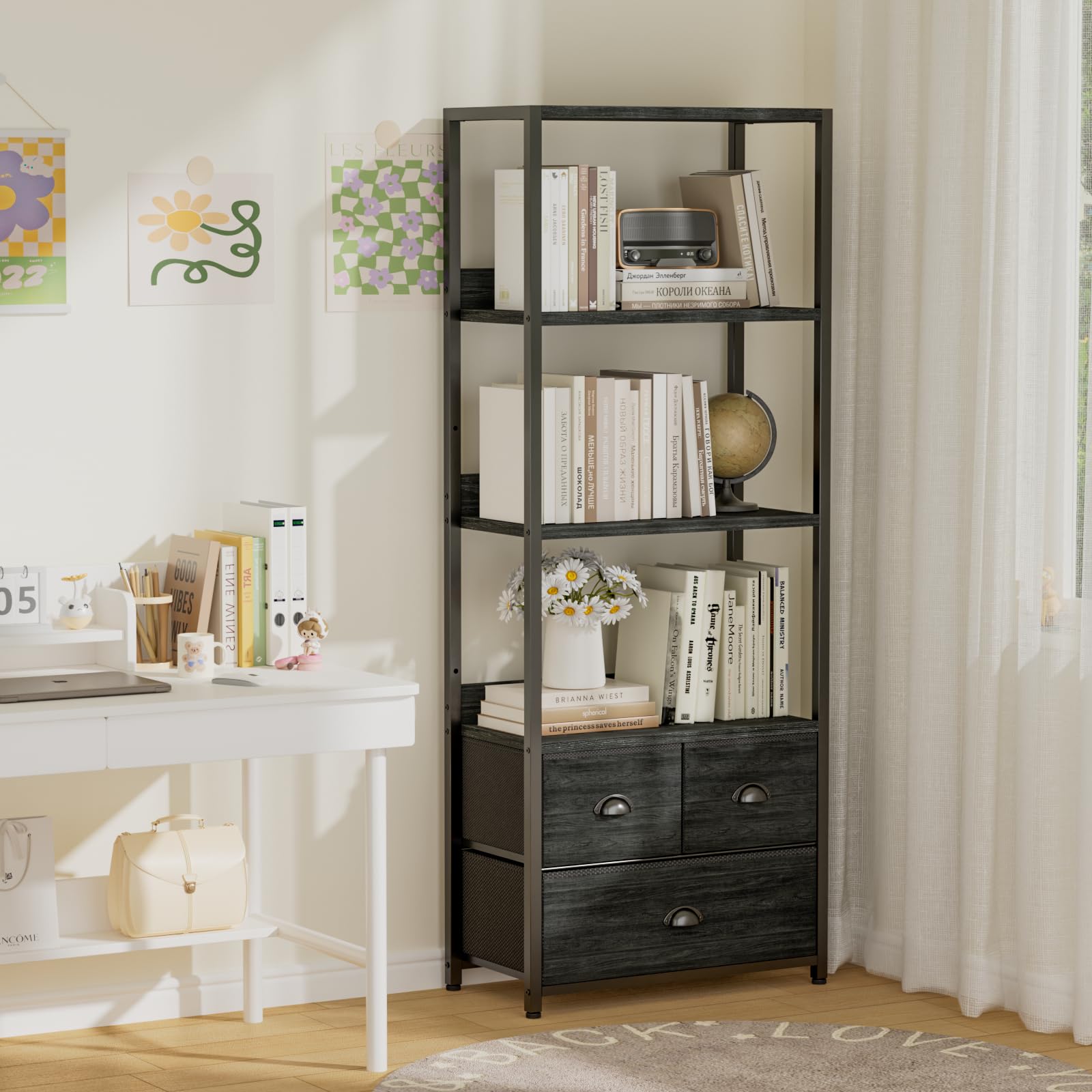 Furnulem Bookshelf with 3 Fabric Drawers and 4-Tier Shelves, 59" Tall Bookcase Storage Rack, Freestanding Shelf Organizer Unit for Office,Living Room,Kitchen,Bedroom(Black Oak)