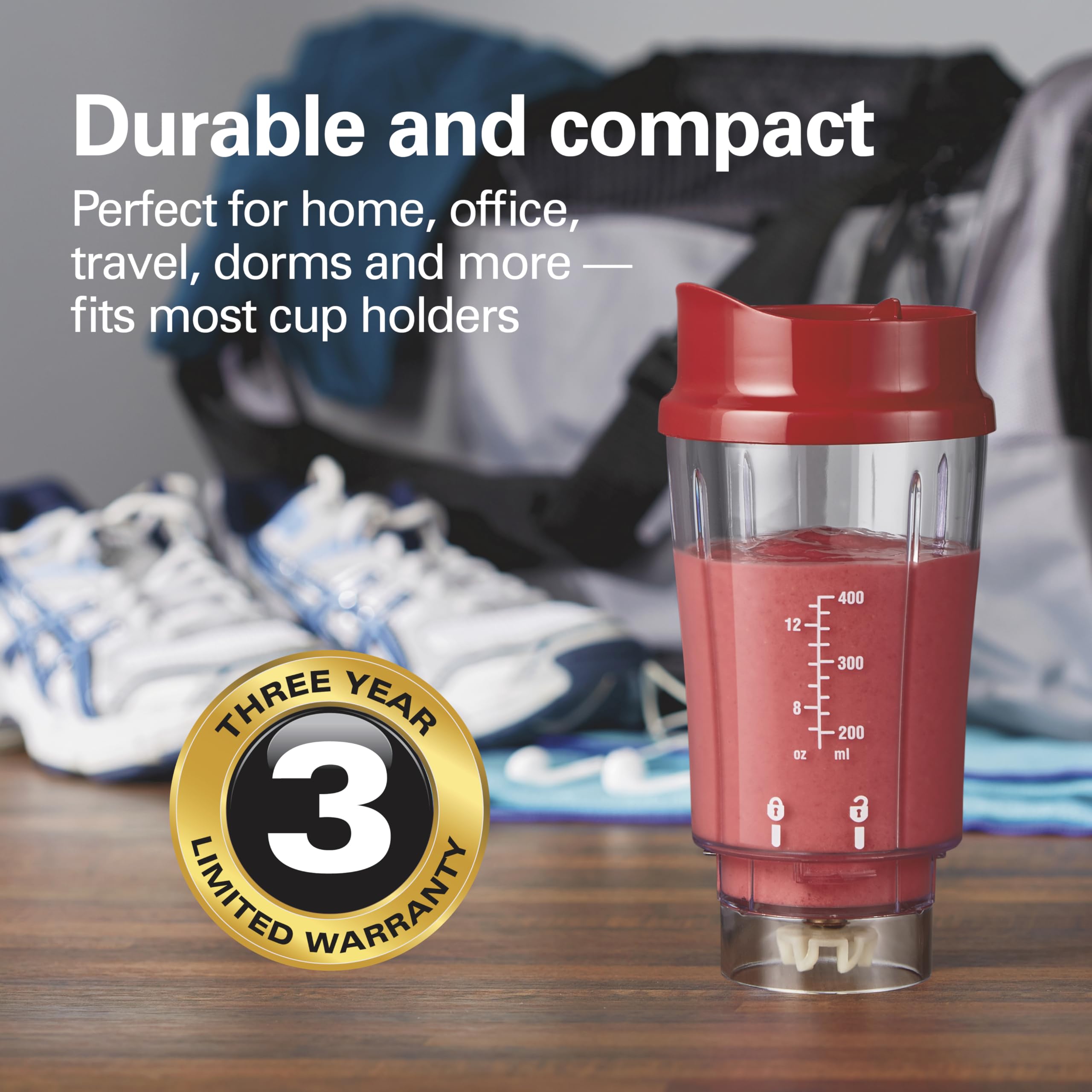 Hamilton Beach Portable Blender for Shakes and Smoothies with 14 Oz BPA Free Travel Cup and Lid, Durable Stainless Steel Blades for Powerful Blending Performance, Red (51101RV)