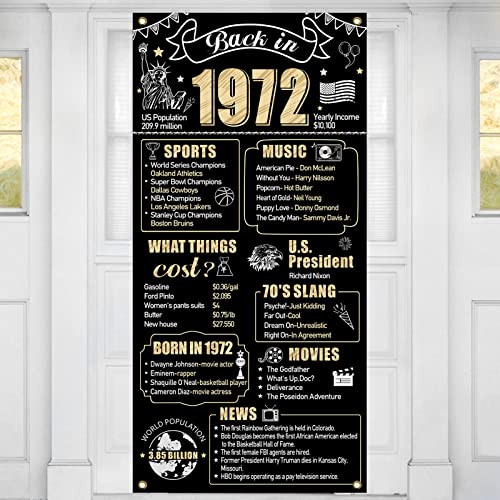 51st Birthday Decorations Back in 1972 Door Banner for Men Women, Black Gold Happy 51 Birthday Door Cover Party Supplies, 51 Year Old Birthday Backdrop Sign Decor for Outdoor Indoor