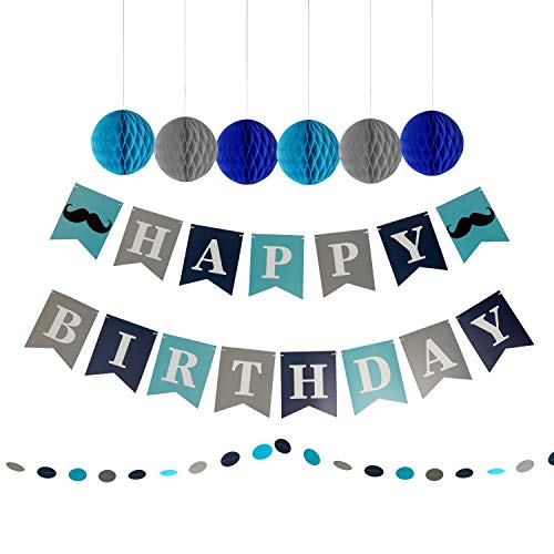 Artistrend Mustache Happy Birthday Banner Set | Boys B-Day Party Decorations Backdrop with Colorful Sign Honeycomb Balls Swirls Streamers | Its Time for an Unforgettable Birthday Celebration