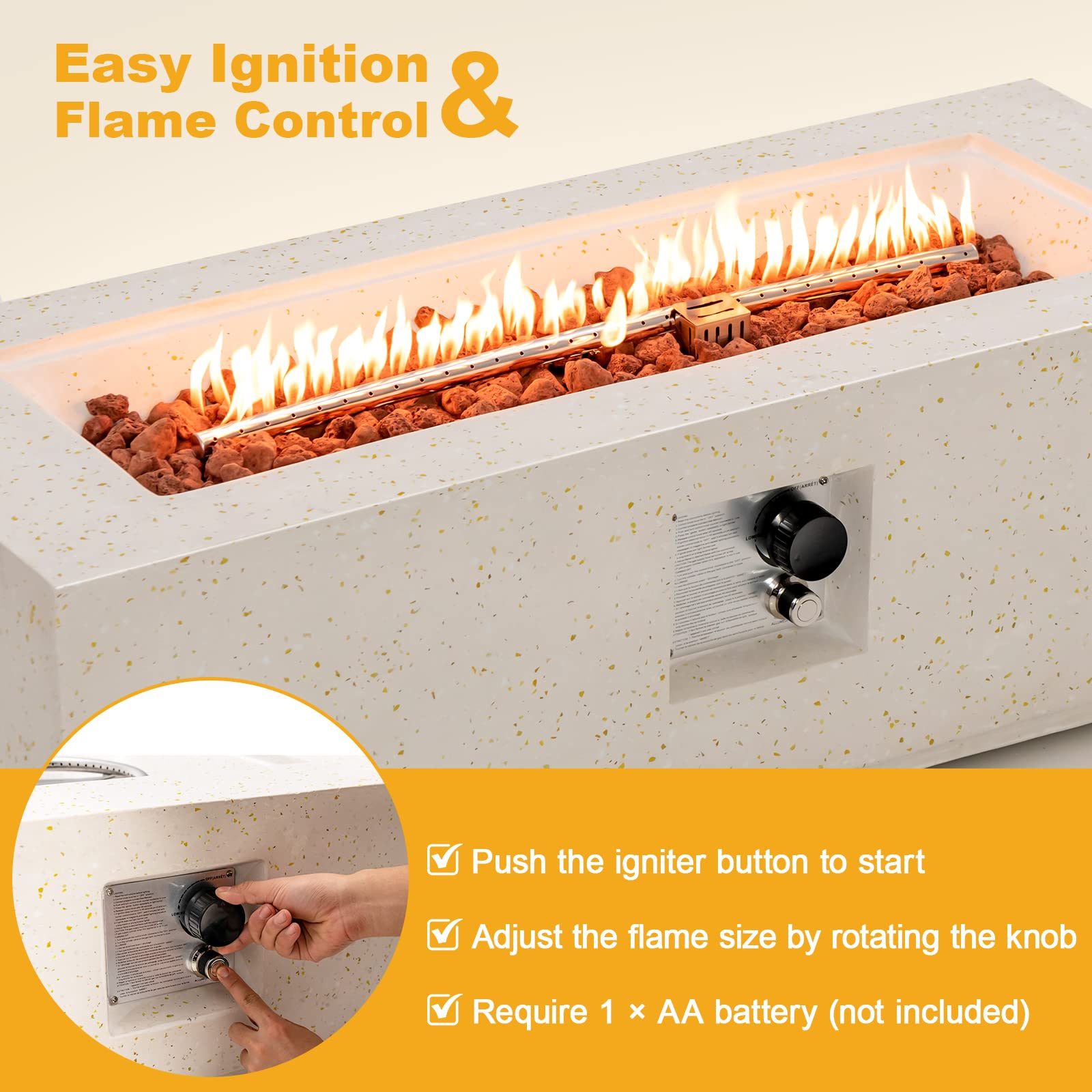 Tangkula 50,000 BTU Outdoor Fire Pit Table, 42" Rectangle Terrazzo Propane Gas Fire Table with Auto-Ignition, Stainless Steel Burner, Lava Rocks & Rain Cover for Patio Backyard Poolside, CSA Certified