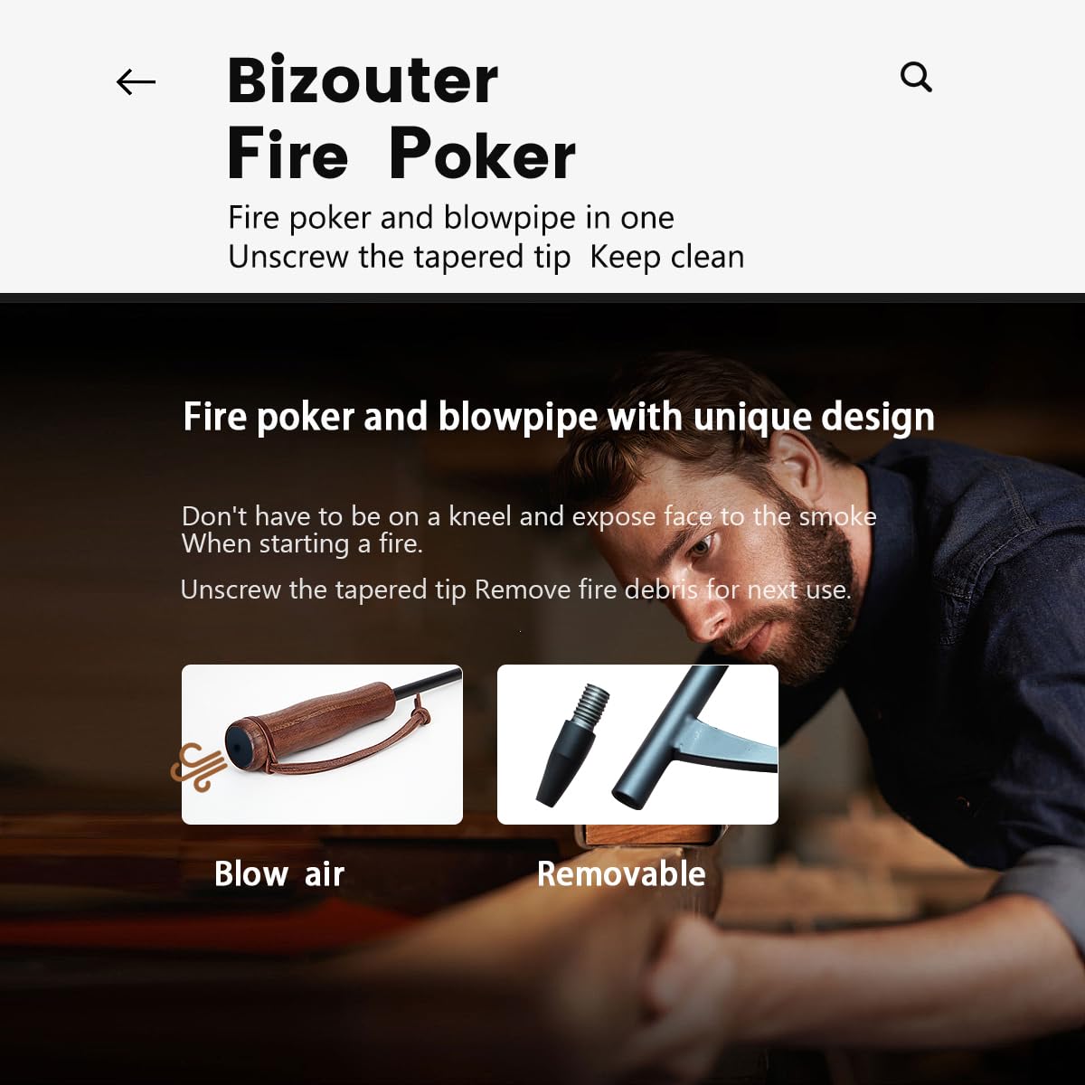 BIZOUTER Fire Poker 34inch 2 in 1 Foldable Fire Poker & Blow Stick Fireplace Tool with Wooden Ergonomic Handle, Portable Fire Pit Poker for Campfire,Wood Burning Stove & BBQ