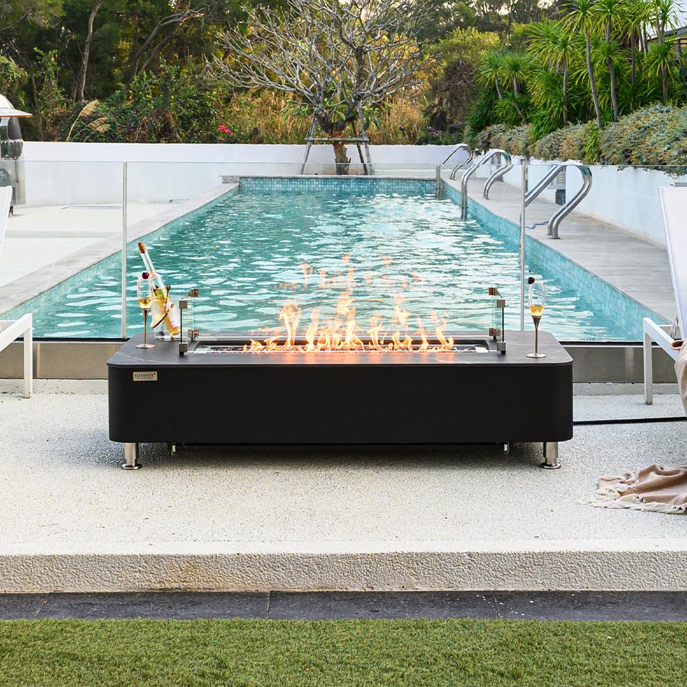 Valencia Concrete Fire Pit 62" x 30" Outdoor Patio Firepit Includes Fire Glass Modern Fire Pits & Outdoor Fireplaces for Garden, Deck, Indoor & Outdoor Heating