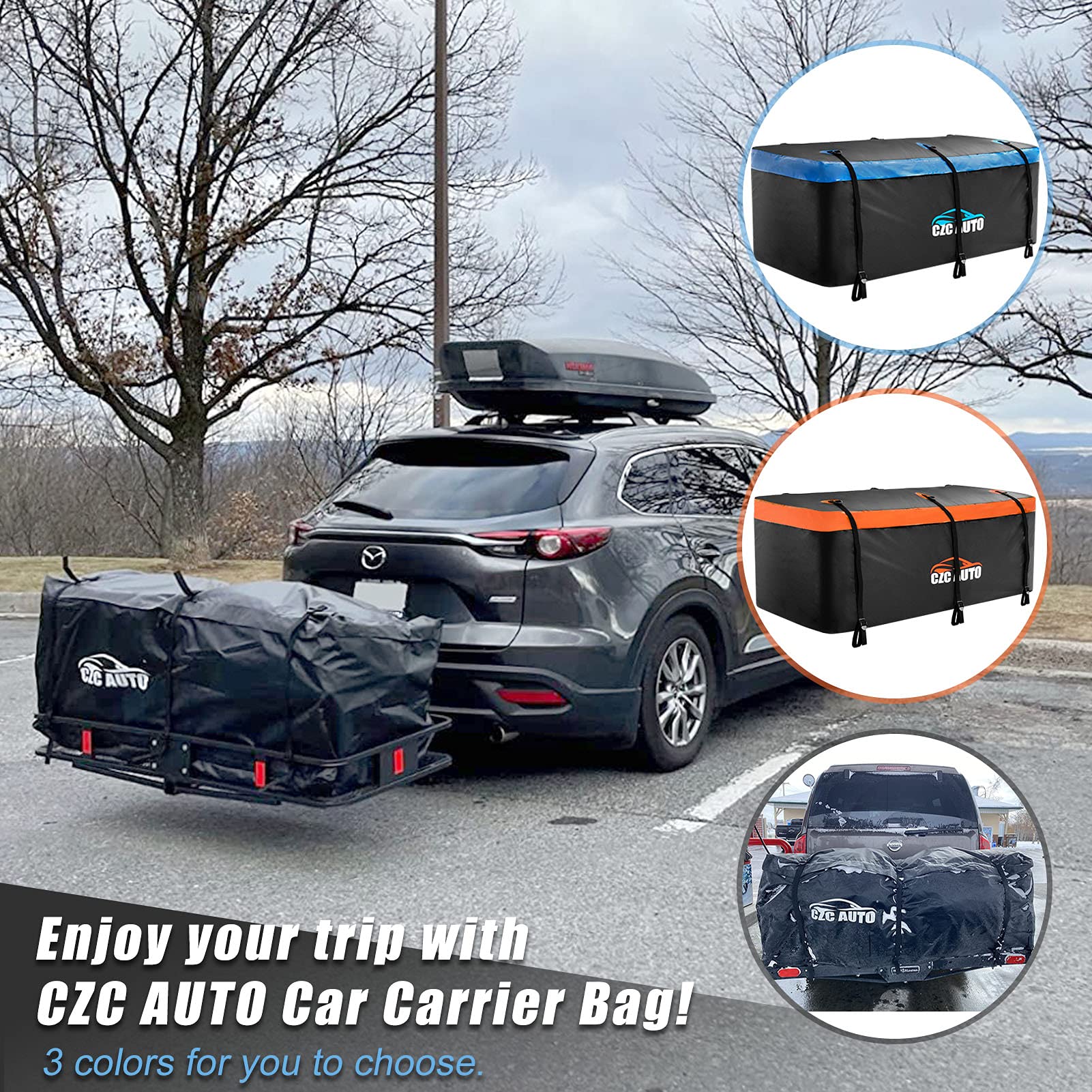 CZC AUTO Hitch Cargo Carrier Bag, 20 cu. ft Waterproof/Rainproof/Weatherproof Cargo Traveling Bag for Car Truck SUV Vans' Hitch Trays and Hitch Baskets, Safe Steady Durable Soft (Blue)