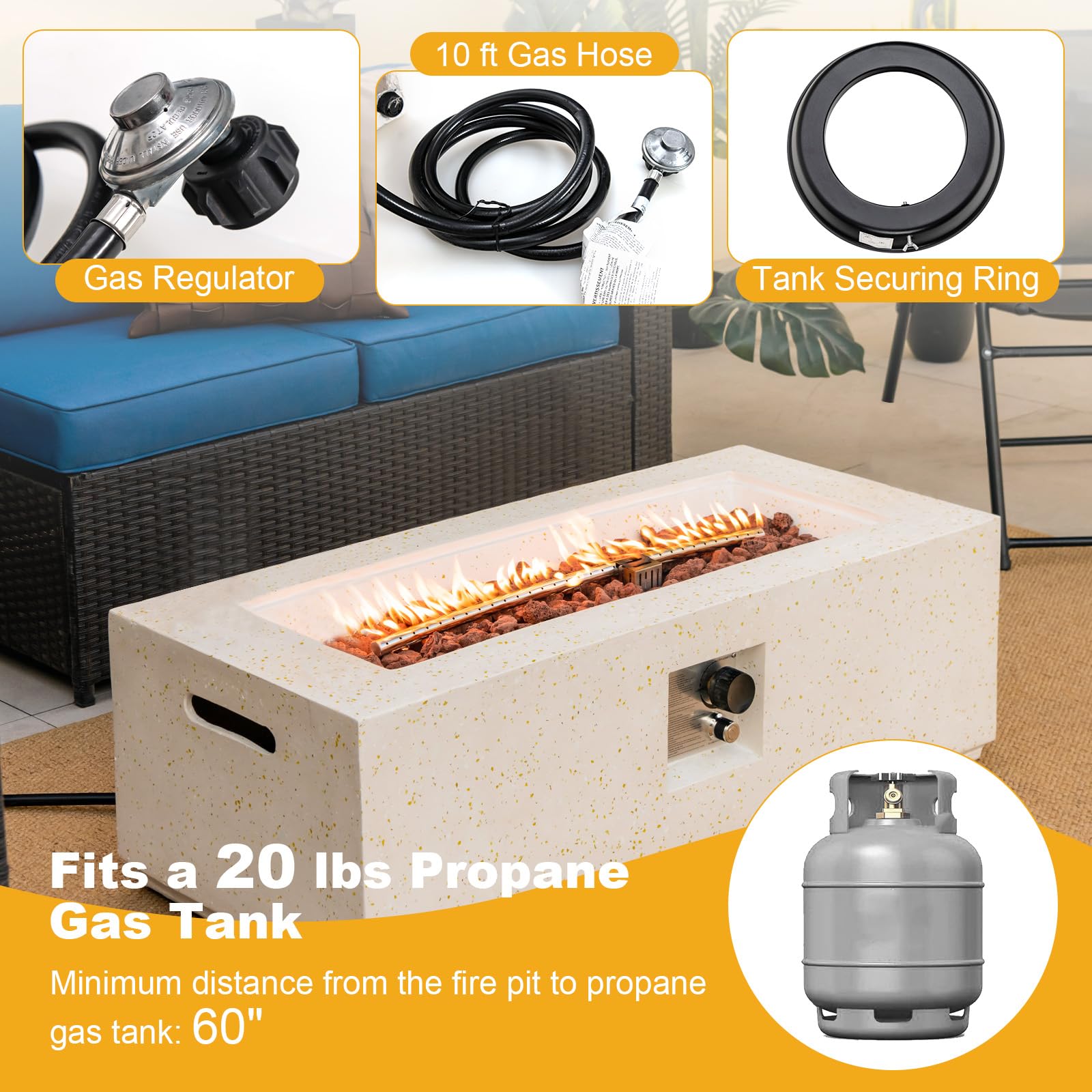 Tangkula 50,000 BTU Outdoor Fire Pit Table, 42" Rectangle Terrazzo Propane Gas Fire Table with Auto-Ignition, Stainless Steel Burner, Lava Rocks & Rain Cover for Patio Backyard Poolside, CSA Certified