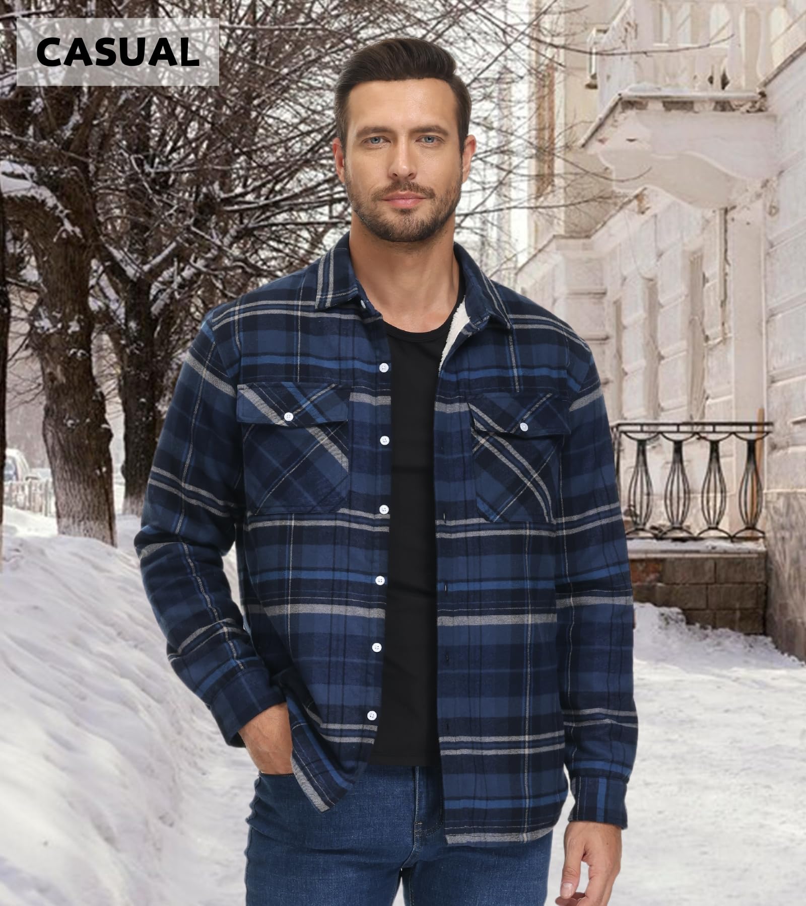 EKLENTSON Jacket for Men Fleece Flannel Plaid Jacket Casual Stylish Travel Coat Thermal Jacket Sherpa Coat Blue Grey 2XL