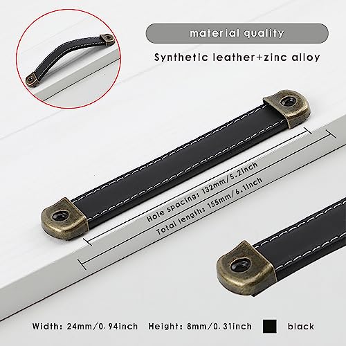 HUHUIAOH Leather Handle Brass Handle Wine Box Wardrobe Luggage, Shoe Cabinet Furniture Handle Hardware Accessories - 2 Pack (Black, 160mm(6-1/4in))