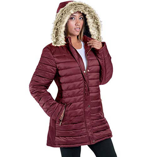 Facitisu Womens Winter Warm Jacket Long Down Faux Fur Hooded Quilted Sherpa Lined Coat (Wine, L)