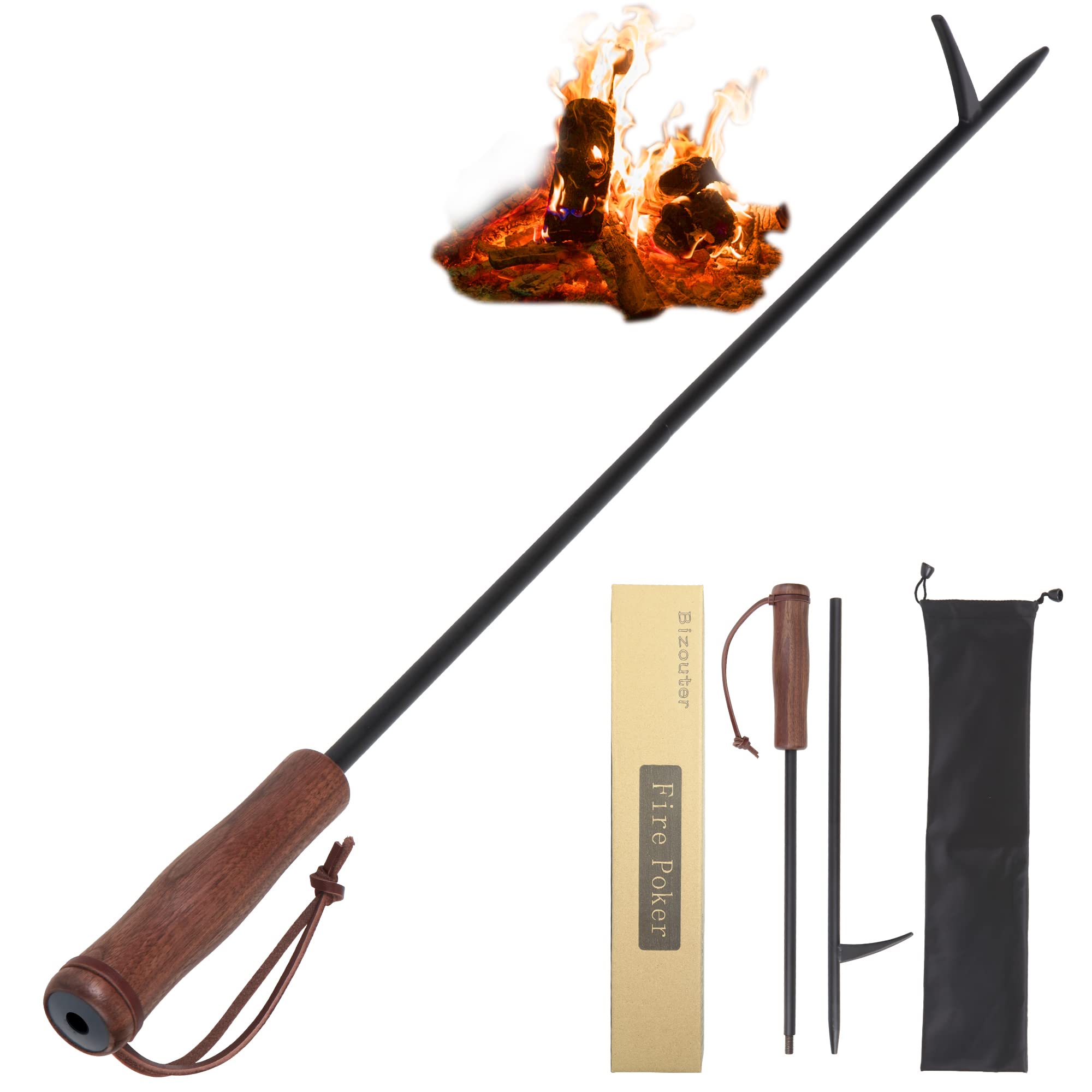 BIZOUTER Fire Poker 34inch 2 in 1 Foldable Fire Poker & Blow Stick Fireplace Tool with Wooden Ergonomic Handle, Portable Fire Pit Poker for Campfire,Wood Burning Stove & BBQ