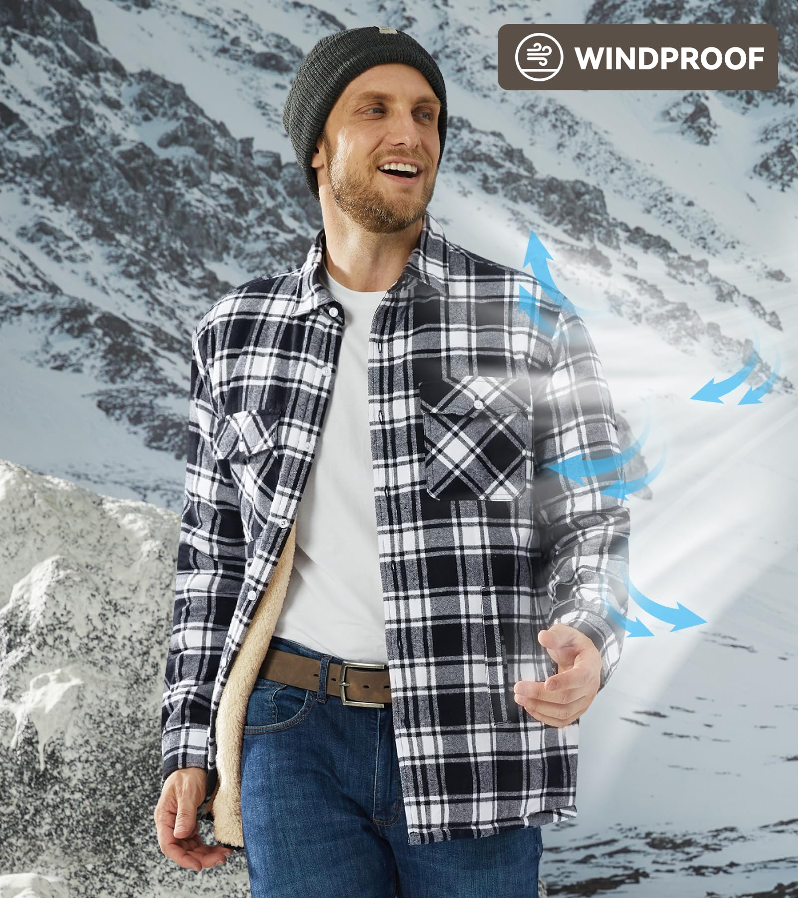 EKLENTSON Jacket for Men Fleece Flannel Plaid Jacket Casual Stylish Travel Coat Thermal Jacket Sherpa Coat Blue Grey 2XL