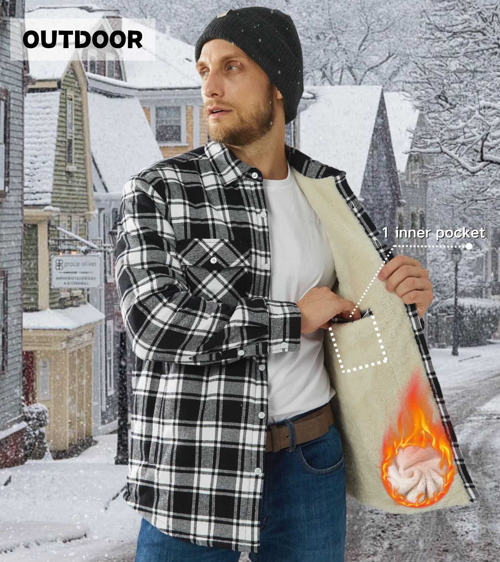 EKLENTSON Jacket for Men Fleece Flannel Plaid Jacket Casual Stylish Travel Coat Thermal Jacket Sherpa Coat Blue Grey 2XL