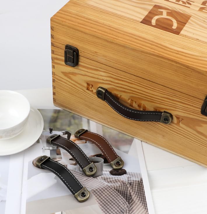 HUHUIAOH Leather Handle Brass Handle Wine Box Wardrobe Luggage, Shoe Cabinet Furniture Handle Hardware Accessories - 2 Pack (Black, 160mm(6-1/4in))